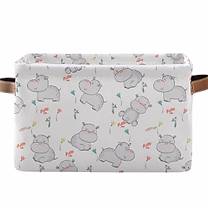 2 Pack Storage Basket Cute Hippo Collapsible Organizer Basket with PU Handles, Waterproof Nursery Basket Storage Bin for Shelves for Organizing Closet