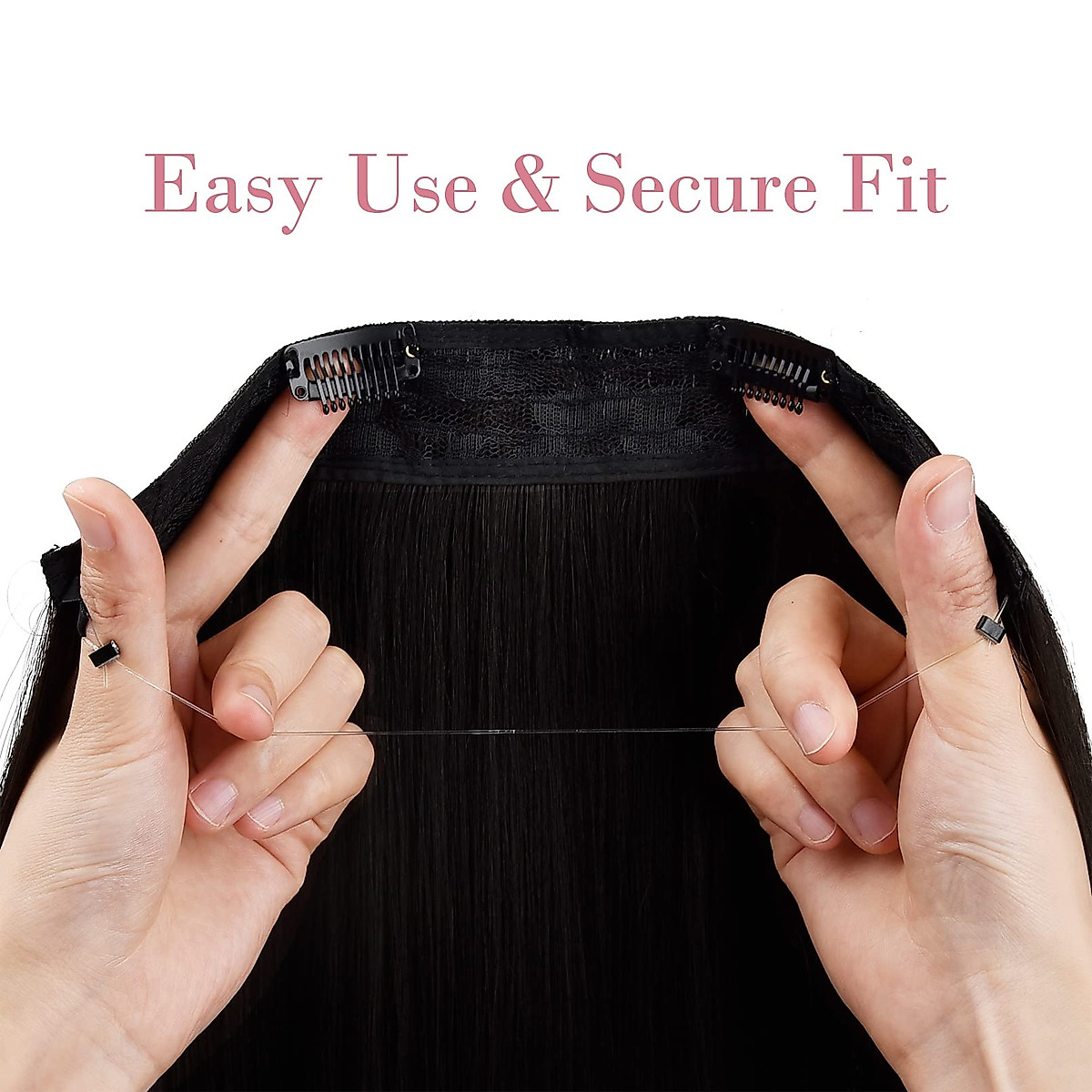 REECHO 20" Invisible Wire Hair Extensions with Transparent Headband Adjustable Size Removable Secure Clips in Curly Wavy Secret Hairpiece for Women - Dark Brown with Caramel Highlights