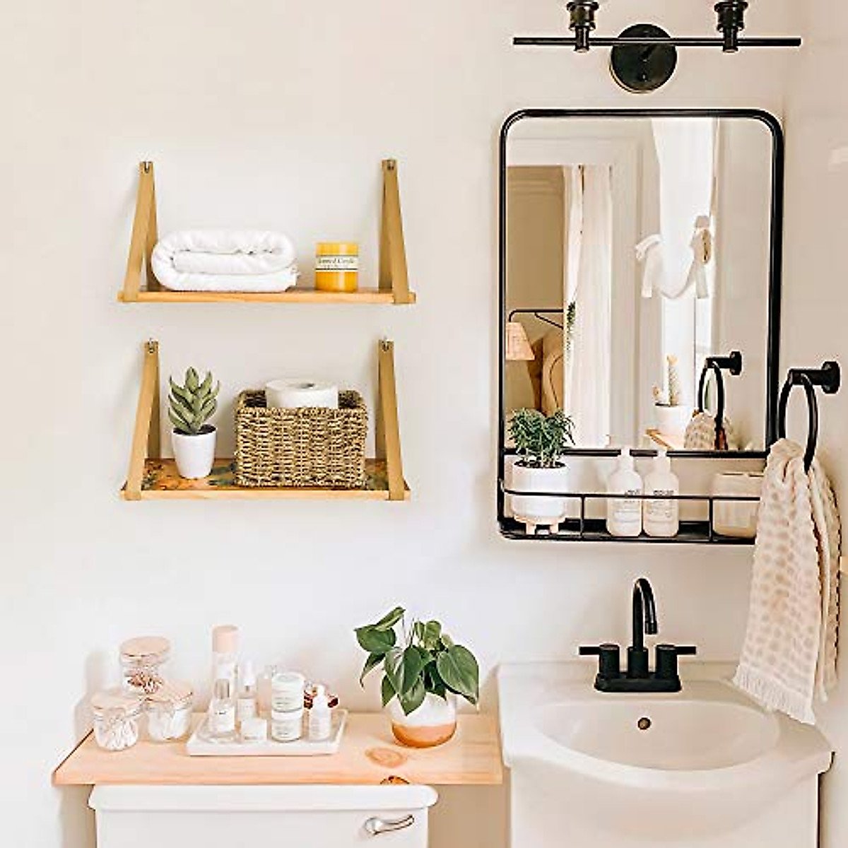 GADNIA Set of 2 Floating Shelves Wall Mounted | Aquatic World Wall Decor Hanging Shelf | Solid Wood Wall Display Shelves for Bathroom, Living Room, Bedroom, Office | Khaki Fabric Wire