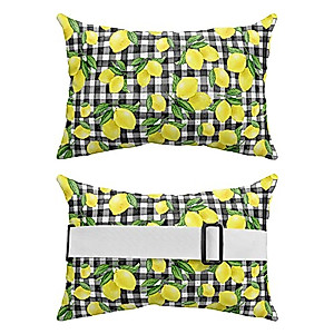 Recliner Head Pillow Ledge Loungers Chair Pillows with Insert Summer Yellow Lemon Black White Buffalo Plaid Lumbar Pillow with Adjustable Strap Outdoor Waterproof Patio Pillows for Beach Pool, 2 PCS