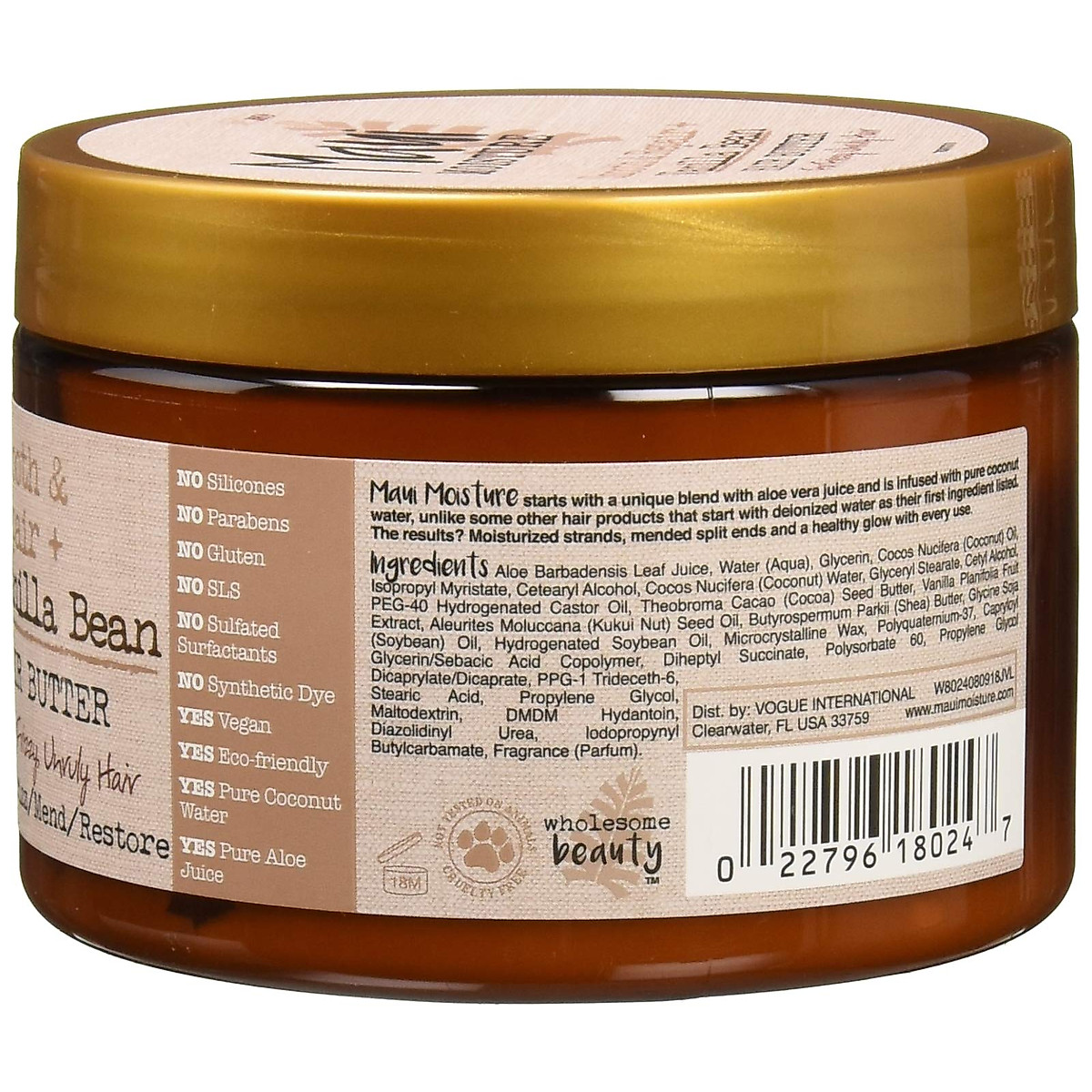 Maui Moisture Smooth & Repair Vanilla Bean Anti-Frizz Hair Butter Treatment, Coconut, 12 Ounce