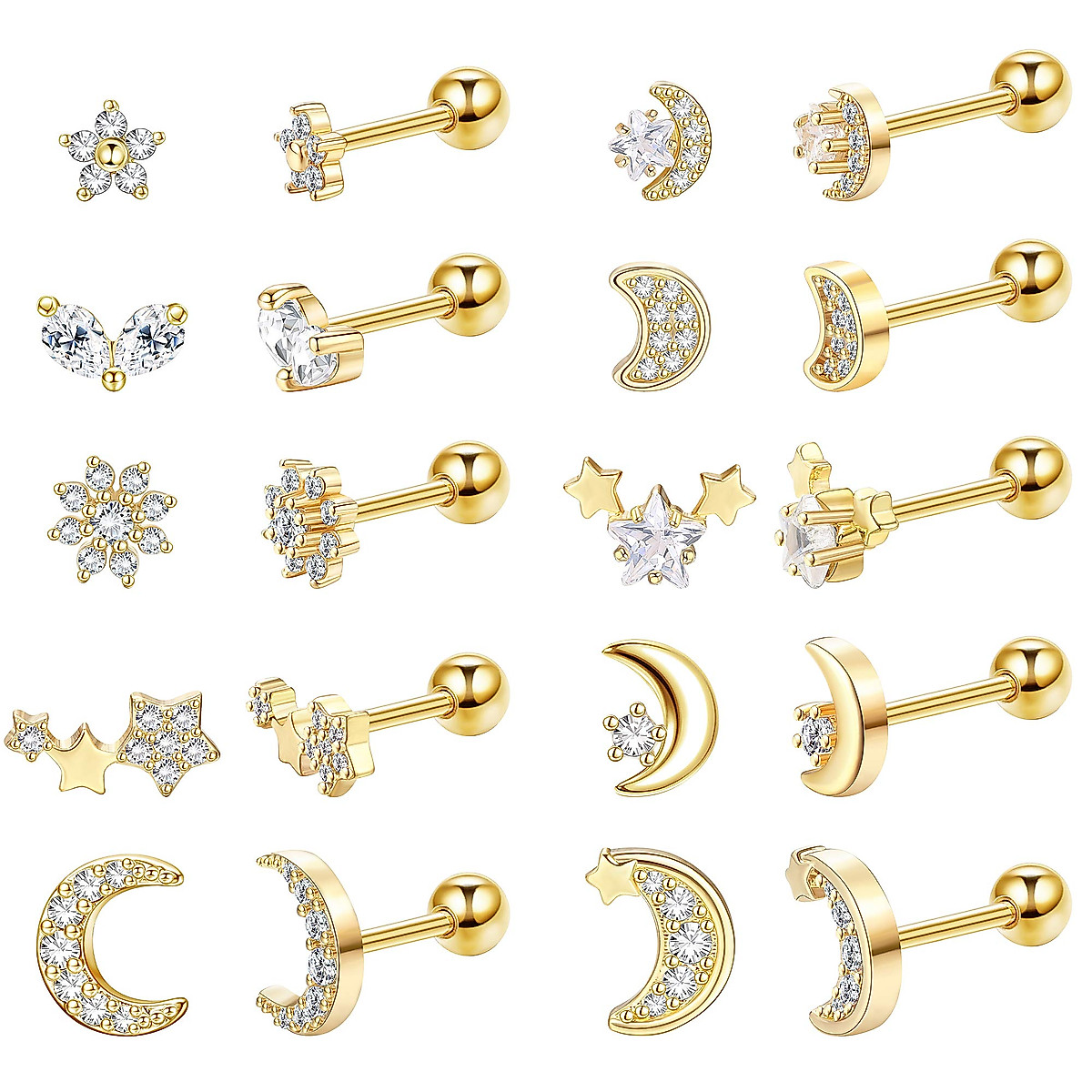 LOYALLOOK 10Pcs Cartilage Earrings Helix Tragus Earring Moon and Star Earrings CZ Heart Flower Barbell Surgical Steel Cartilage Earrings for Women Men Gold Tone