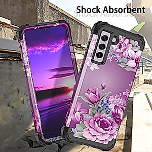 LONTECT for Galaxy S21 FE 5G Case [Not fit S21 5G] Floral Shockproof Heavy Duty 3 in 1 Hybrid Sturdy Protective Cover Case for Samsung Galaxy S21 FE 5G 2022, Purple Flower/Black