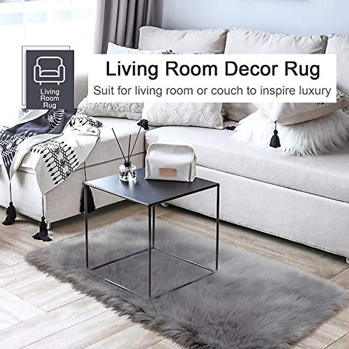 junovo Luxury Fluffy Area Rugs Furry Rug for Bedroom Faux Fur Sheepskin Nursery Rugs Fur Carpet for Kids Room Living Room Home Decor Floor Mat, Rectangle 2ft x 3ft Grey