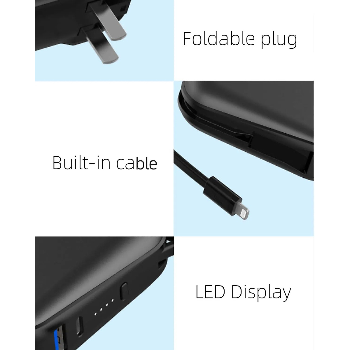 IDMIX Power Bank 10000mAh with MFI Cable, AC Foldable Portable Charger, 20W Fast Battery Pack with USB-A Output, USB-C Output, Compatible for iPhone16/15, Samsung S24, ipad, and More (Black)