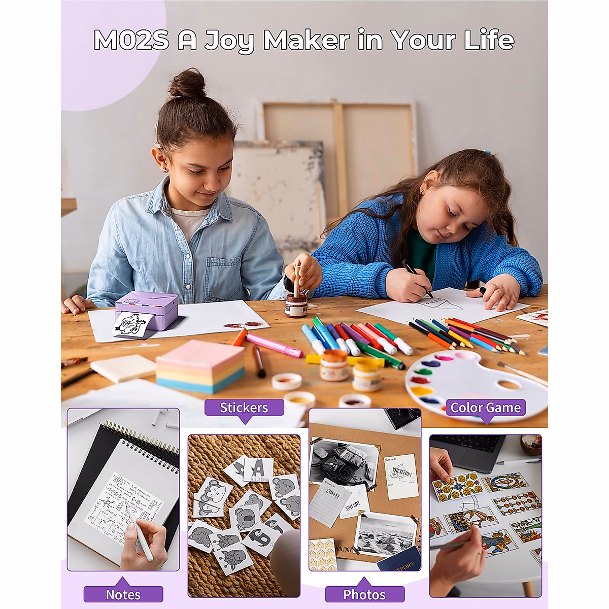 COLORWING M02S Pocket Mini Printer-Bluetooth Thermal Photo Mini Printer 300DPI,Thermal Sticker Printer for Study Notes, Photo, Organization, Gift, Compatible with iOS and Android