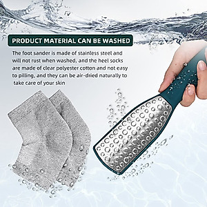 Foot File and Spa Socks Set, Foot Care Pedicure Stainless Steel File, Gel Lined Toeless Spa Socks, Moisturizing Heel Socks (Green+Grey)