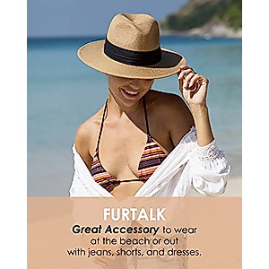 FURTALK Panama Hat Sun Hats for Women Men Wide Brim Fedora Straw Beach Hat UV UPF 50+ Black
