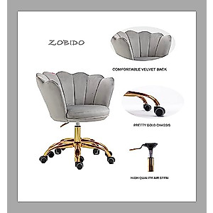 ZOBIDO Comfy Home Office Task Chair with Wheels, Cute Modern Upholstered Velvet Seashell Back Adjustable Swivel Vanity Desk Chair, for Women, for Girls, Living Room, Bedroom (Grey)