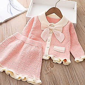 Toddler Baby Girls Fall Winter Outfit Long Sleeve Knitted Buttons Sweater Tops Mini Skirt Birthday Princess Cardigans Bowknot Ruffle Knit Autumn Spring Winter Clothes Set Pink-Bowknot 12-18 Months