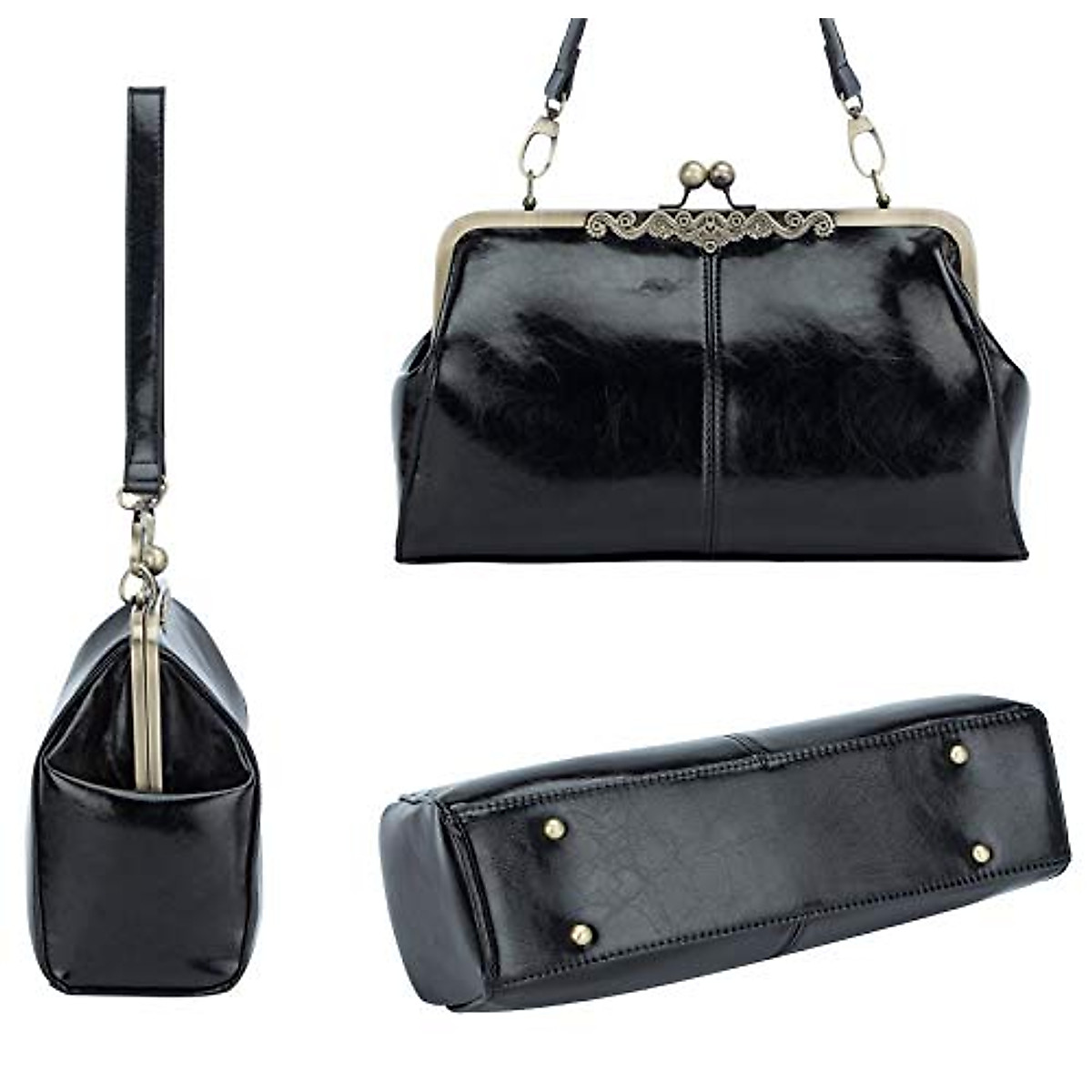 Micom New Small Retro Vintage Kiss Lock Imitation Leather Purse Handbag Totes Bag for Women,girls (Black1)