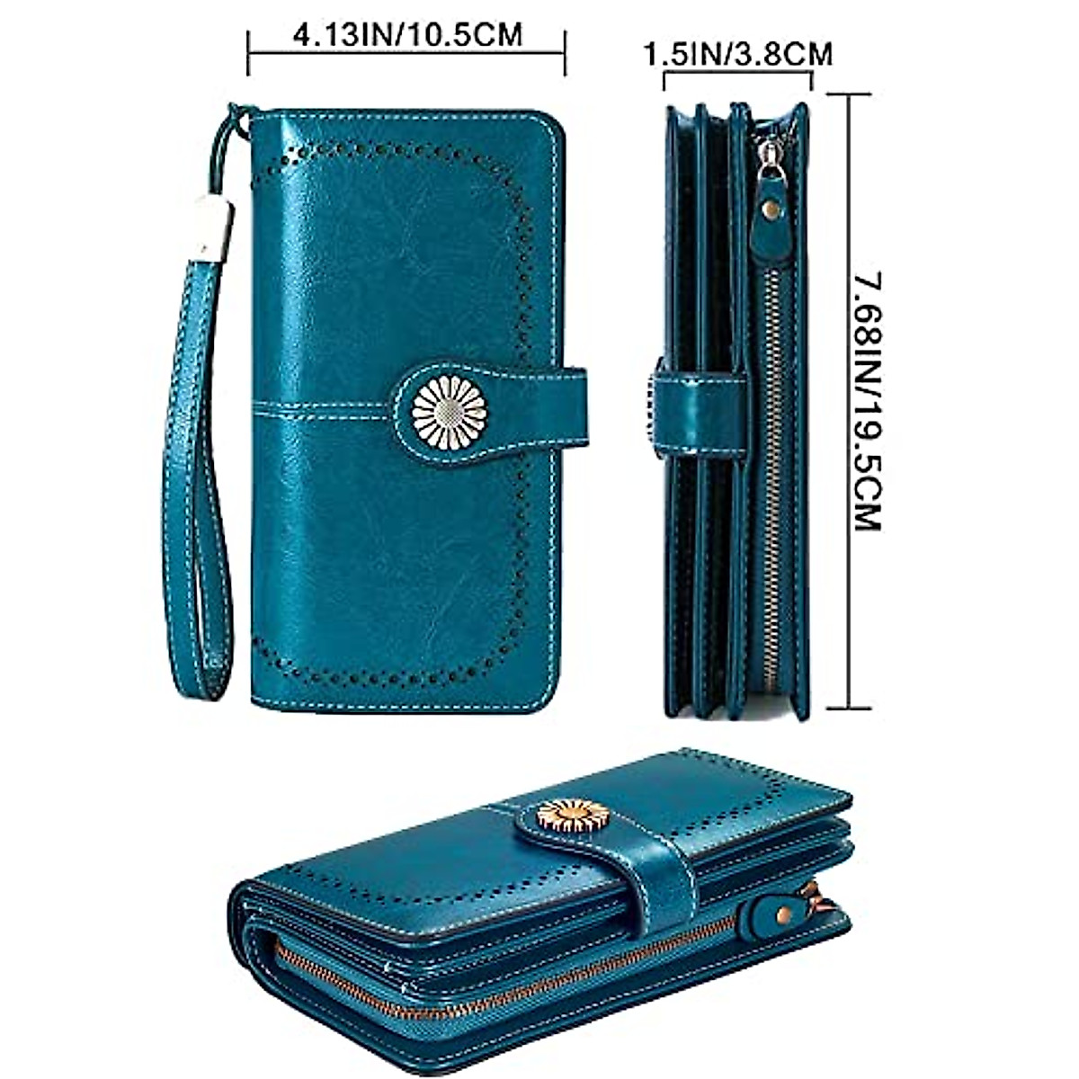 UMODE Large Capacity RFID Blocking Genuine Leather Wallets for Women with Wristlet Trifold Ladies Billfold with Zipper