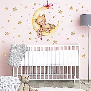 Teddy Bear with Stars Wall Stickers Vinyl Decal Baby Room Decor Nursery Interior Decoration Teddy Bear Wall Decals (Gold)