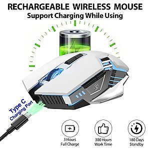 White Wireless Gaming Mouse Bluetooth Mouse with 3-Modes(BT5.0+BT3.0+2.4GHz), Rechargeable, RGB Backlit, Silent Click Computer Mouse for Laptop, PC, Macbook, iPad, Tablet, Chromebook, Games, Office