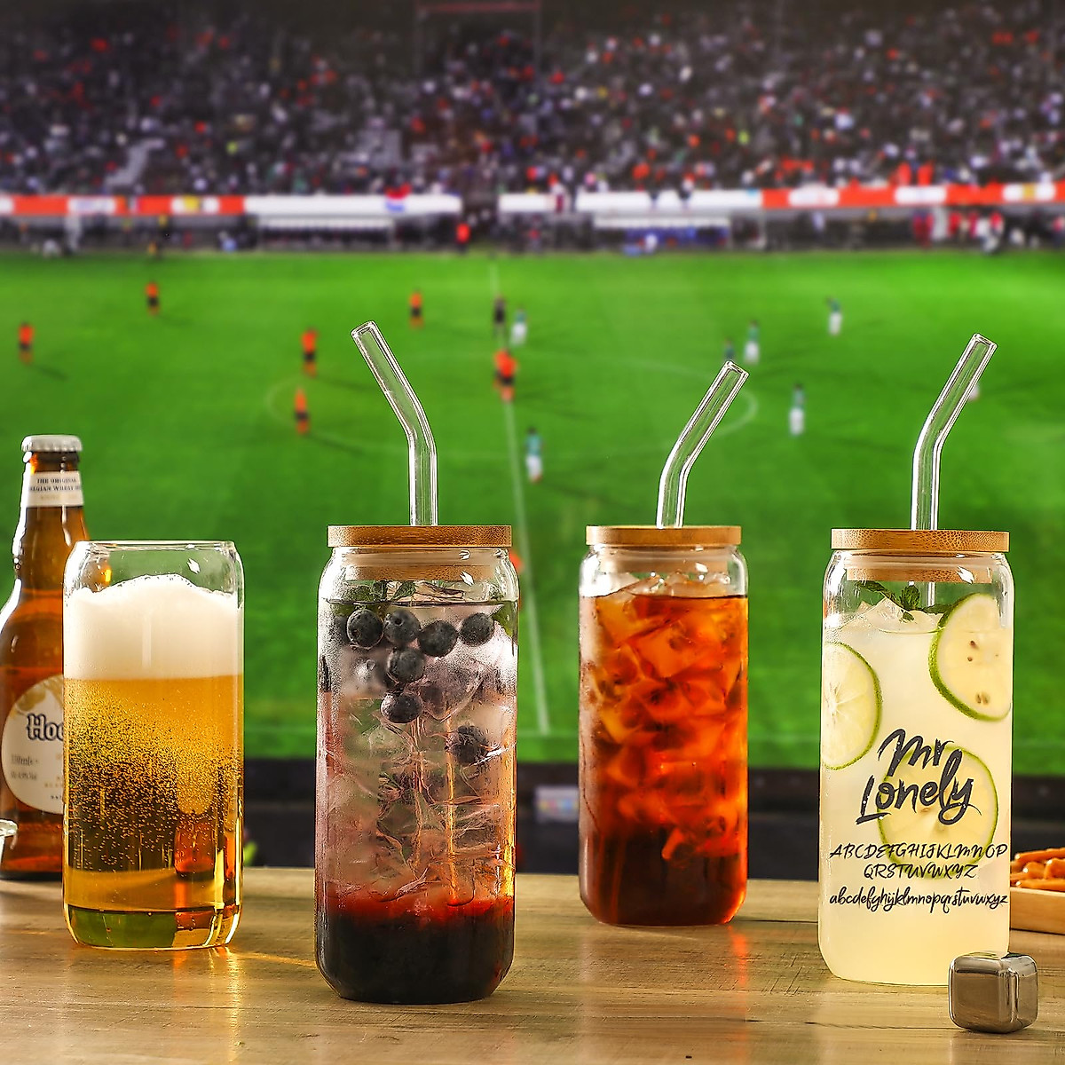 20 OZ Glass Cups with Bamboo Lids and Glass Straw - 4pcs Set Beer Can Shaped Drinking Glasses, Iced Coffee Glasses, Cute Tumbler Cup for Smoothie, Boba Tea, Whiskey, Water - 2 Cleaning Brushes