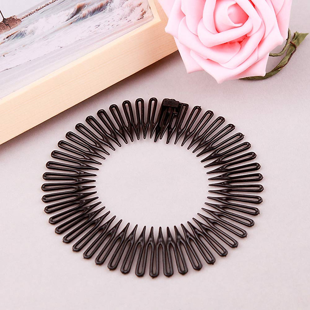8Pcs Full Circle Spring Head Band Comb Plastic Flexible Hair Combs Headbands with Deep Teeth and Closure (4 Black + 4 Brown)