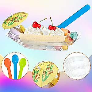 Clear Plastic 8 oz Banana Split Boat Bowls Set Disposable Reusable Banana Split Plate Include Ice Cream Sundae Splits Bowl Paper Umbrellas and Spoons for Parties Serving Sauces Candy Salad (50 Set)