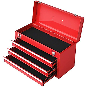 IRONMAX Portable Tool Box, Lockable Steel Tool Chest Cabinet w/ 3 Drawers & Top Tray, 3-Drawer Toolbox for Household, Warehouse, Repair Shop, Red