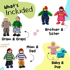 Wooden Dollhouse Family Set - 8 Piece Kit with Mom, Dad, Grandparents, Children, Baby and Dog – 100% Natural Wood, Nontoxic Paint, Smooth Edges