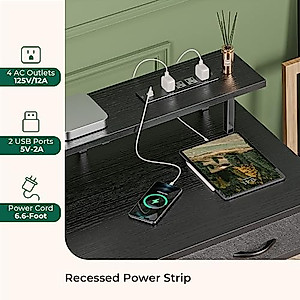 Huuger 47 inch Computer Desk with 3 Drawers, Office Desk Gaming Desk with LED Lights & Power Outlets, Home Office Desks with Storage Space for Bedroom, Work from Home, Black