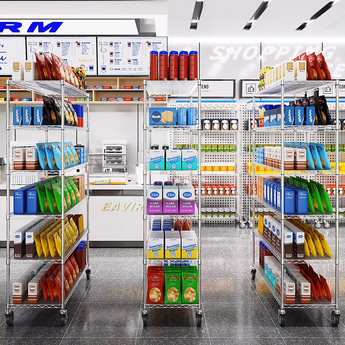 NSF Heavy Duty 6-Tier Metal Wire Shelving Unit - 6000lbs Capacity, Adjustable, with 5in Wheels/Leveling Feet and Shelf Liners - Ideal for Garage, Kitchen, and More - Chrome, 20"D x 48"L x 84.5"H