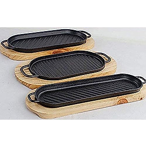 Mavoorick Cast Iron Steak Platter,Skillet Serving Plate with Handle, Kitchen Asian Style Cast Iron Serving Dish with Wooden Serving Board,Grilled Steak Grilled Meat Iron Plate-S