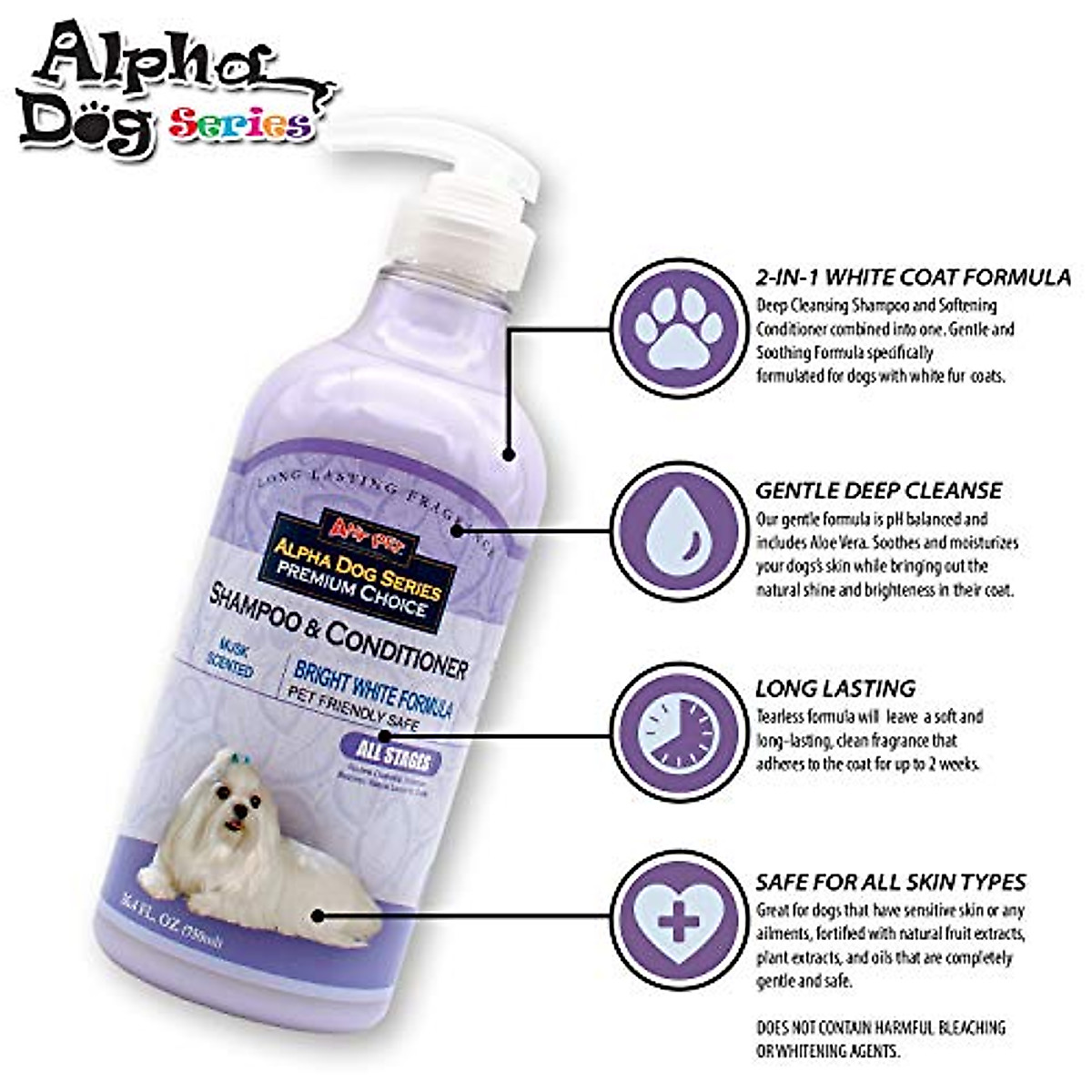 Alpha Dog Series Bright White Grooming Natural Dog Shampoo and Conditioner with Aloe Vera, pH balanced Shampoo for Dogs, Tear-Free, Moisturizing Dog Shampoo for Sensitive Skin - 26.4 Oz