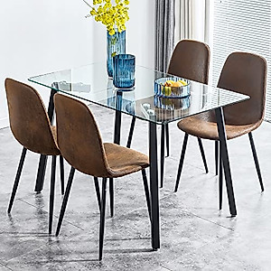 51" Glass Dining Table Set for 4, Small Rectangle Kitchen Room Table with 4 Brown Chairs, Modern Clear Tabletop with Black Metal Legs for Apartment Dining Room Kitchen Living Room