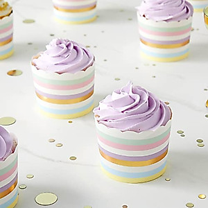 50 Pack Striped Paper Baking Cups, Rainbow Pastel Cupcake Liners for Muffins, Cupcakes, and Desserts for Birthday Parties, Spring Celebrations, and Baby Showers (2.2 In)