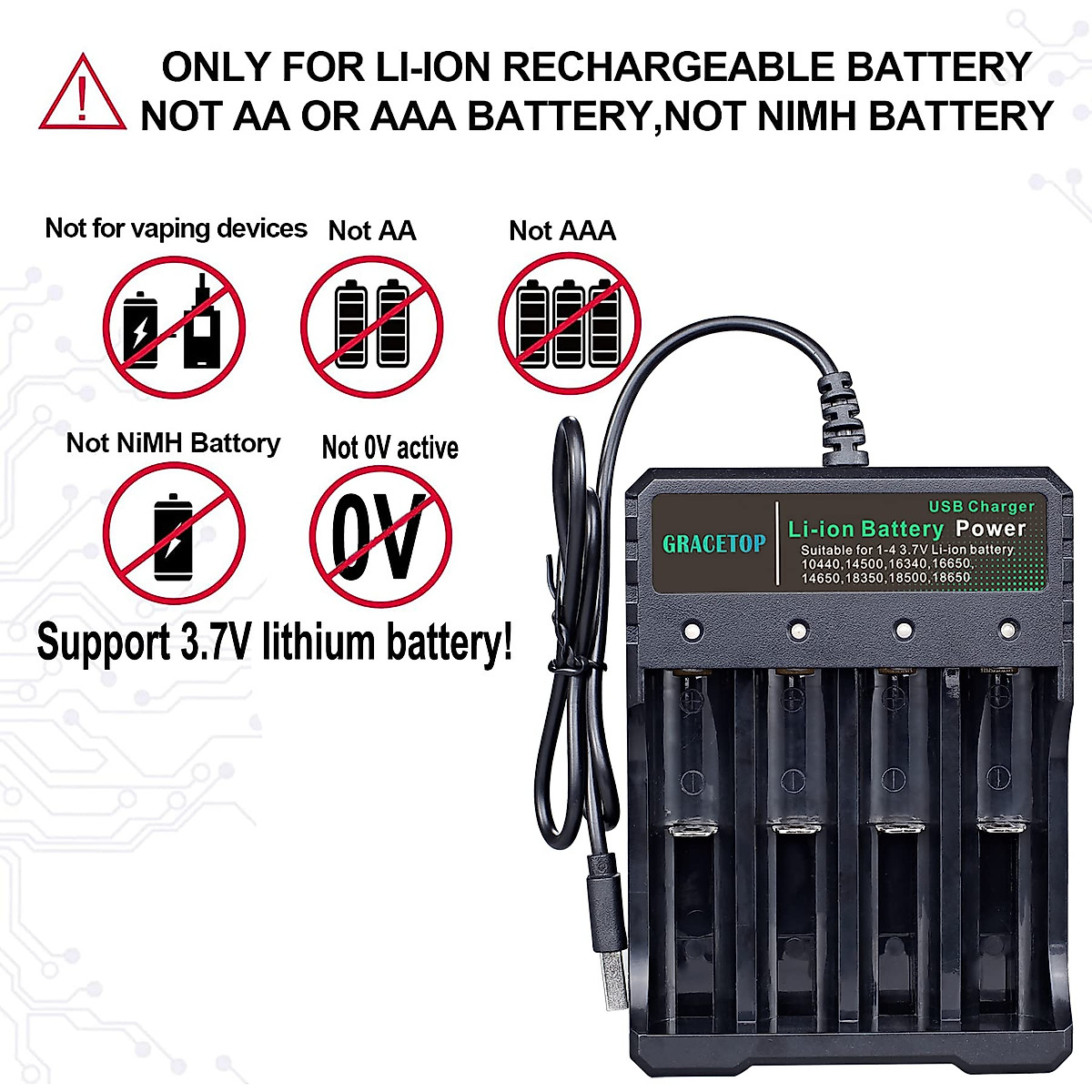 18650 Battery Charger 4-Bay 5V/2A for Rechargeable Batteries 3.7V Li-ion TR IMR 18650 18500 14500 16340(RCR123) Red/Green Display (Not Battery)