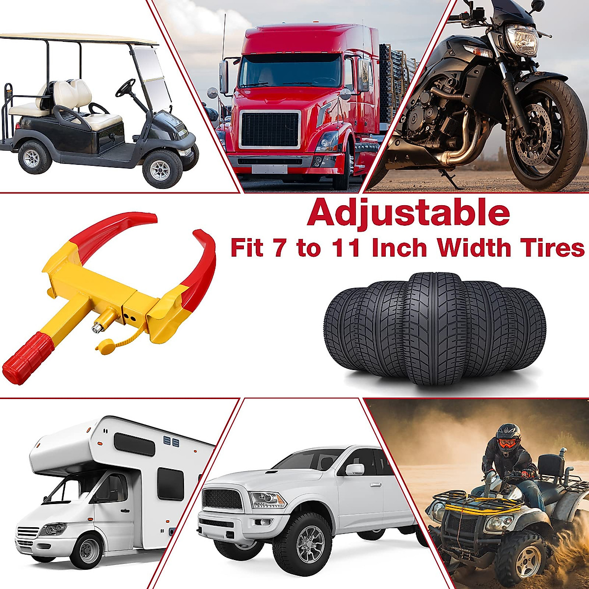 3 Pcs Wheel Lock for Cars, Heavy Duty Trailer Wheel Lock Universal Security Anti Theft Tire Clamp for Vehicles Boot Camper SUV ATV Boat Motorcycle Golf Cart Deterrent(Yellow, Red)