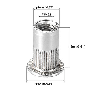 uxcell #10-32 Rivet Nuts Aluminium Alloy Knurled Flat Head Threaded Insert Nut Silver 50pcs