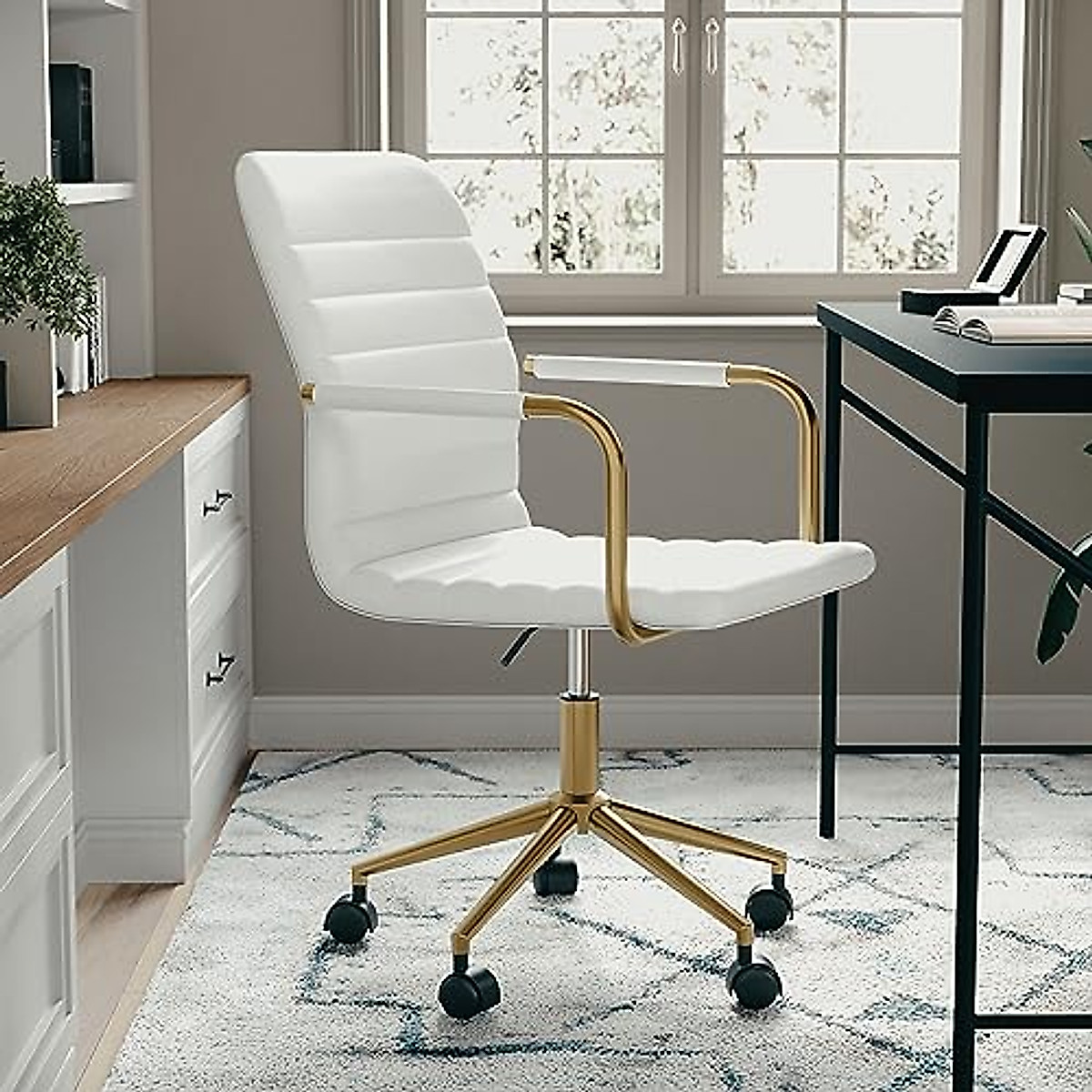 Martha Stewart Taytum Swivel Task Chair with Armrests for Home Office in White Faux Leather with Polished Brass Frame