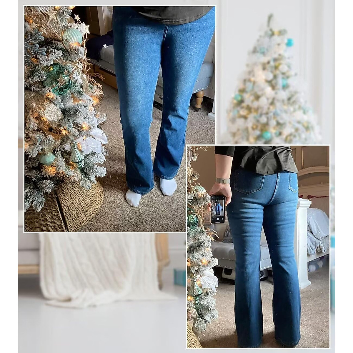 KDF Women's Fleece Lined Jeans Flare Bell Bottom Jeans Winter Super Warm Thick Fleece Denim High Waisted Stretch Jeans Fleece Pants 14,Dark Blue