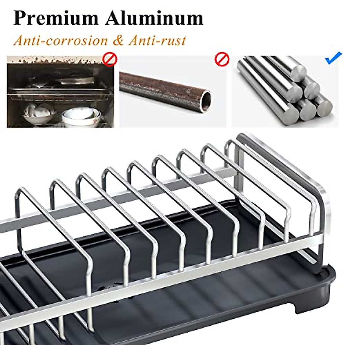 Small Dish Drying Rack, Aluminum Dish Rack with Utensil Holder, Anti-rust Dish Racks for Kitchen Counter Multifunctional Dish Drainer with Drainboard, Drying Rack for Dishes, Knives, Spoons, and Forks