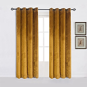 Cherry Home Super Soft Luxury Velvet Set of 2 Warm Yellow Blackout Velvet Energy Efficient Grommet Curtain Panel Drapes Ginger Mustard Curtain Panels 52Wx96L for Living Room