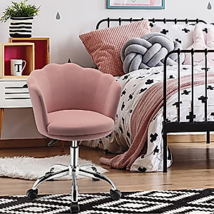 Giantex Kids Desk Chair, Comfy Home Office Task Chair with Wheels, Upholstered Velvet Seashell Back Vanity Chair, Cute Modern Computer Chair for Girls, Adjustable Swivel Rolling Arm Chair, Pink