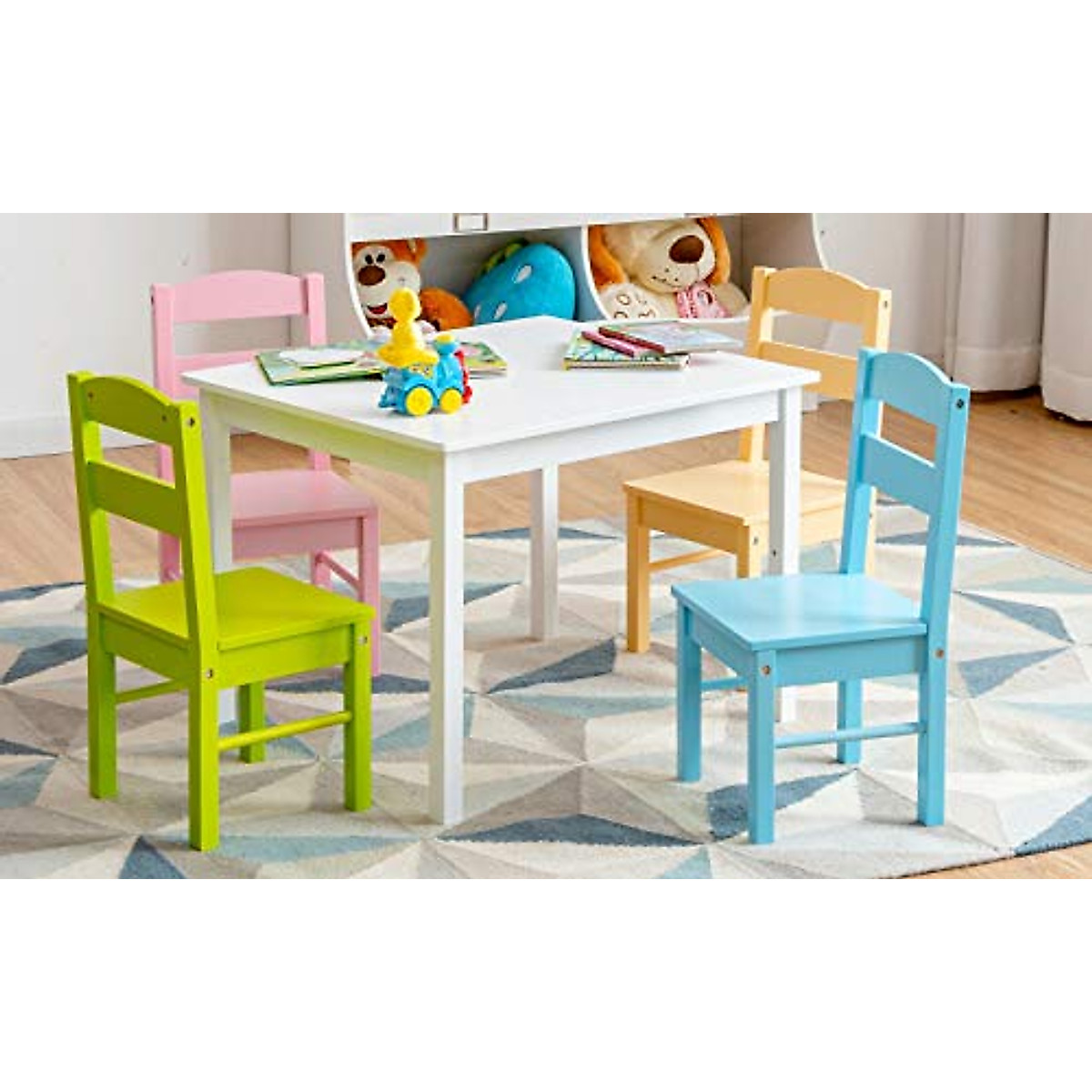 HAPPYGRILL Mini Table and Chairs Furniture Set, Children 5 Pieces Wood Table & Chair Set, Kids Table and Chairs for 2-6 Years