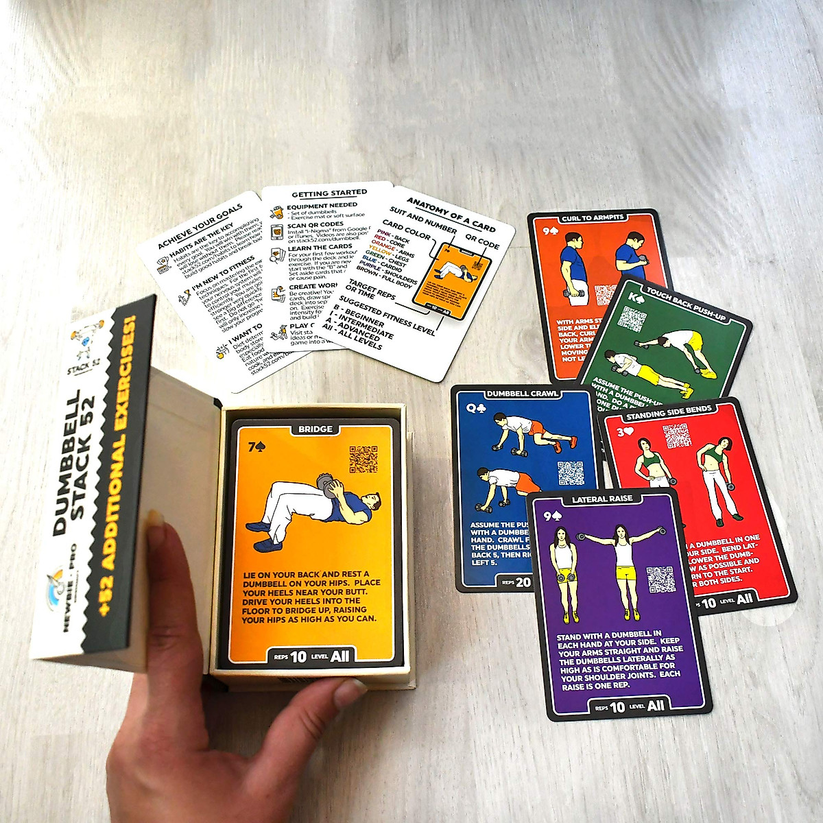 Stack 52 Dumbbell Exercise Cards. Dumbbell Workout Playing Card Game. Video Instructions Included. Perfect for Training with Adjustable Dumbbell Free Weight Sets and Home Gym Fitness. (2019 Mega Pack)