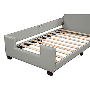 TARTOP Upholstered Twin Daybed Frame for Kids, PU Leather Twin Platform Bed with Carton Ears Shaped Headboard, Wood Twin Sofa Bed for Girls Boys, No Box Spring Needed,Gray