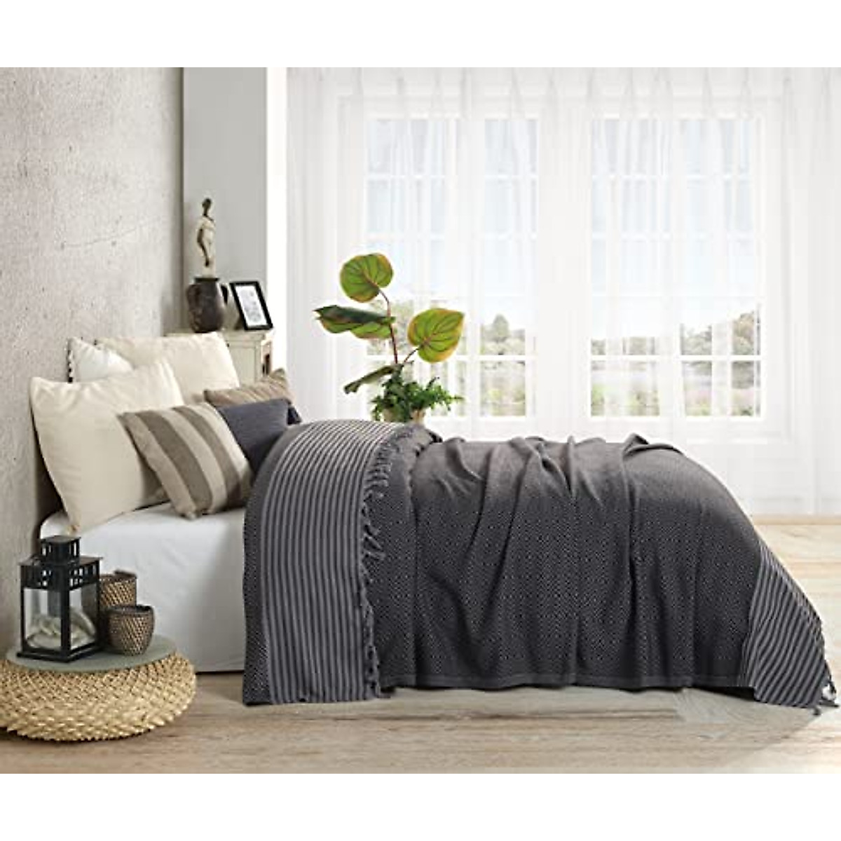 Wellstil Aria | Turkish Throw Blankets - 80 x 100 inches,0 Cotton Blankets Queen Size - Boho Throw Blanket for Couch, Sofa, Bed - Farmhouse Throw Blanket with Tassels (Black)