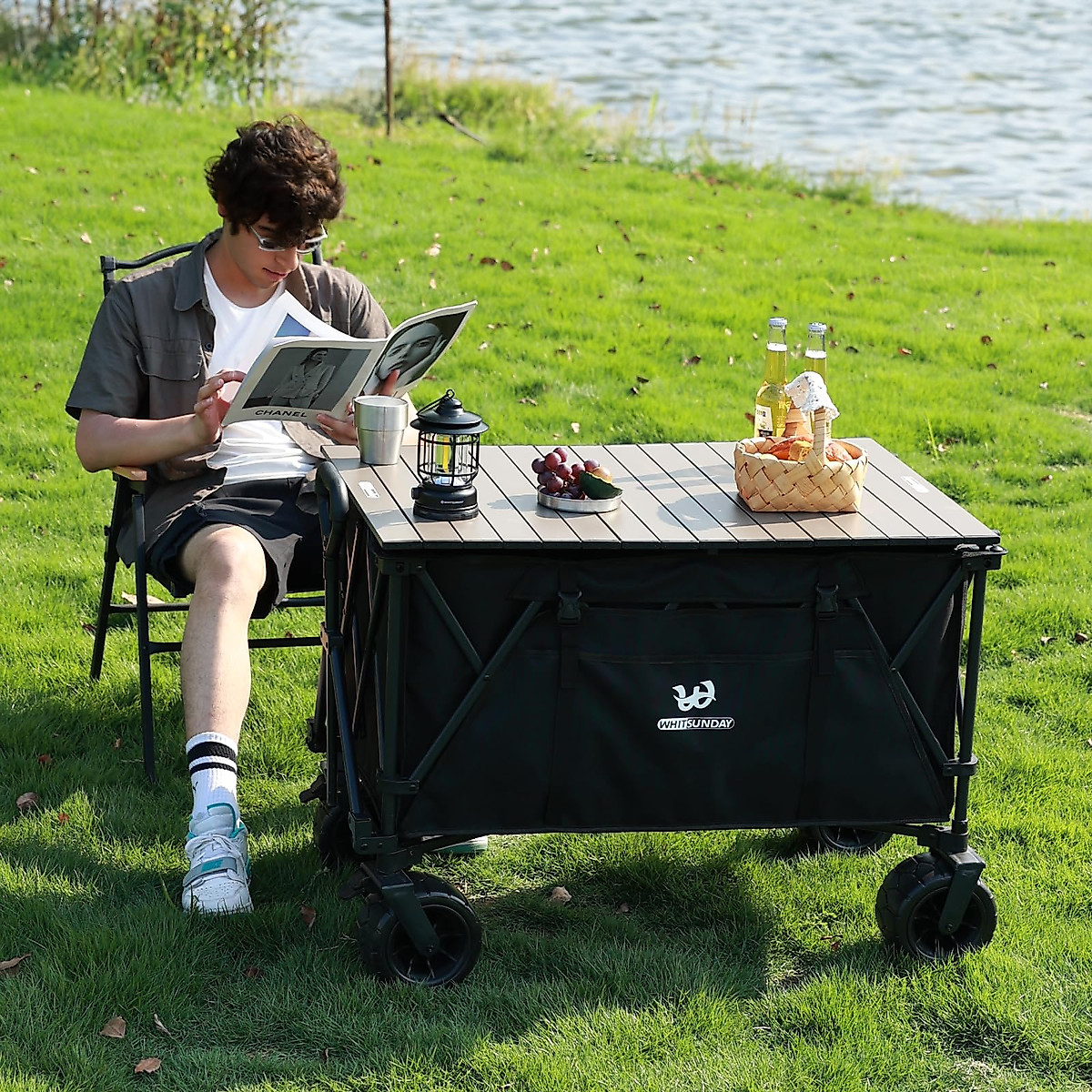 Whitsunday Folding Collapsible Wagon, Heavy Duty Beach Wagon Cart, Extra Large Utility Camping Park Wagon Cart with Aluminum Table Plate and All Terrain Wheel