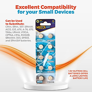 MEDca 1.5V Alkaline Batteries - LR44 AG13 357 303 SR44 Battery - Button Coin Cell for Hearing Aids and Amplifiers, Toys, Remotes, Calculators, Lasers | Long Lasting Power | Anti Corrosion | 60 PCS