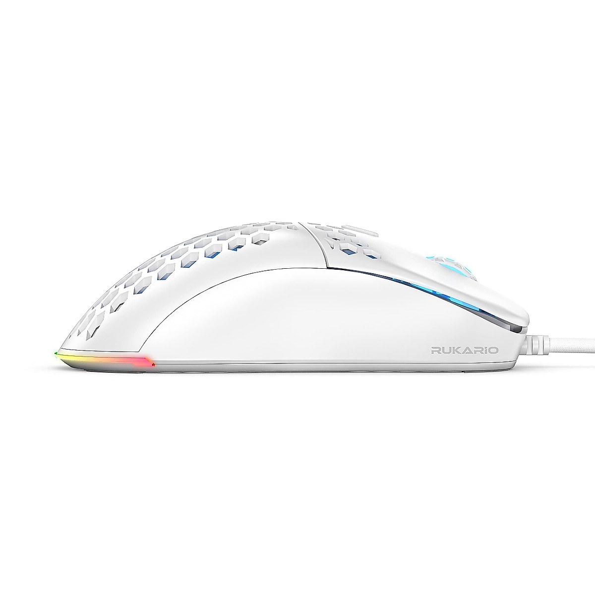 Rukario Ronin X PC Gaming Mouse (Arctic White, Wired) - Ultra LightWeight Symmetrical Honeycomb Shell | RGB Led | PTFE Glides | Pixart 3360 Sensor | 6 Buttons | Weight 63G | Adjustable Settings