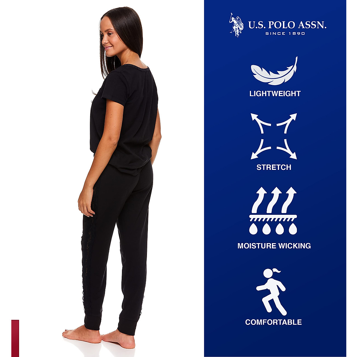U.S. Polo Assn. Womens Pajamas - Short Sleeve PJs with Jogger Pajama Pants (Black, Large)