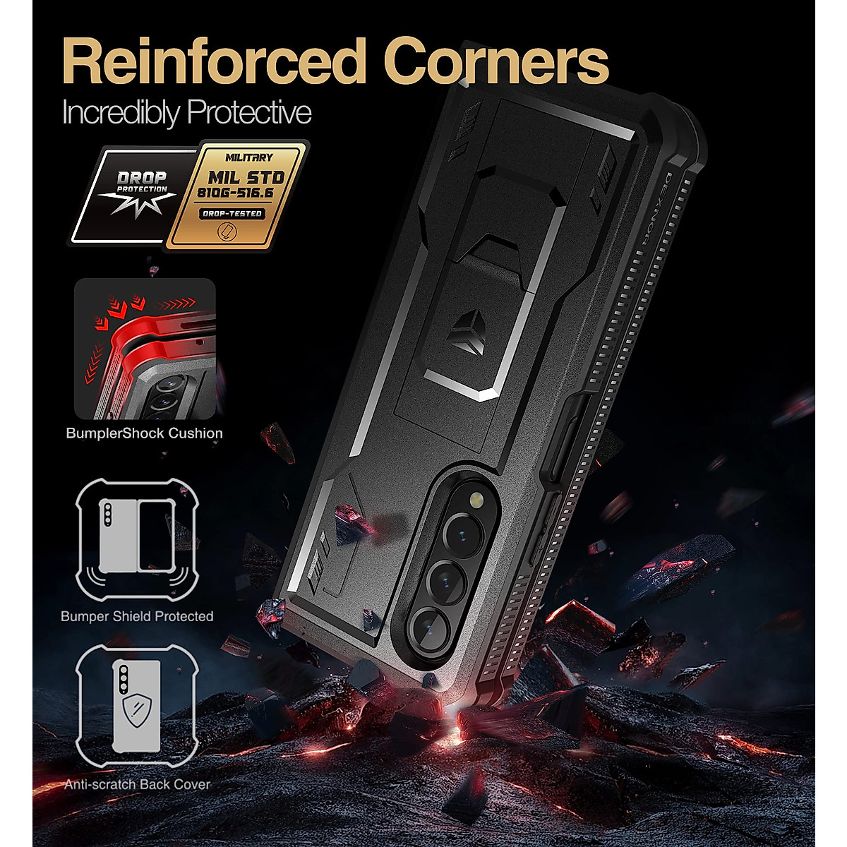 Dexnor Shielder Series Case for Samsung Galaxy Z Fold 4(2022), Military-Grade Shockproof Rugged Bumper Case Cover with Built-in Screen Protector & Kickstand,Black