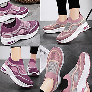 Gladtbser Women's Breathe Mesh Walking Sneakers Fashion Resistant Tennis Shoes Slip On Sock Sneakers Breathable Upper Comfort Platform Loafers (Pink,7)