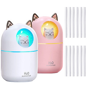 2PCS Small Humidifier 2PCS Cute Portable Cool Mist Humidifier with 12 2PCS Humidifier Sticks 7 Color Night Light USB Air Humidifier for Bedroom Office Desk,Car,Travel (Pink+White+12 Filter Sticks)