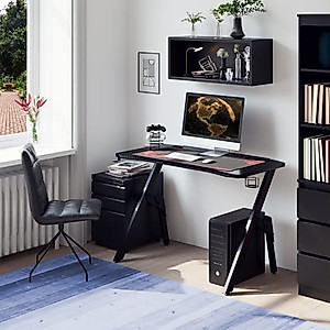 43 inch Gaming Desk, Ergonomic Computer Desk K-Shaped Sturdy Craft Table, Home Office Student Writing Table with Handle Rack, Cup Holder, Headphone Hook, Full Mouse pad, Black