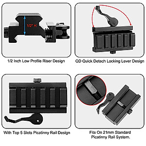 LONSEL Picatinny Riser Mount, Low Profile Rail Riser Mounts Adaptor with QD Lever Lock Quick Release & 5 Slots Picatinny Rails for Scope Rings Optics Sights, 1/2" H x 2.5''L (1 Pack)
